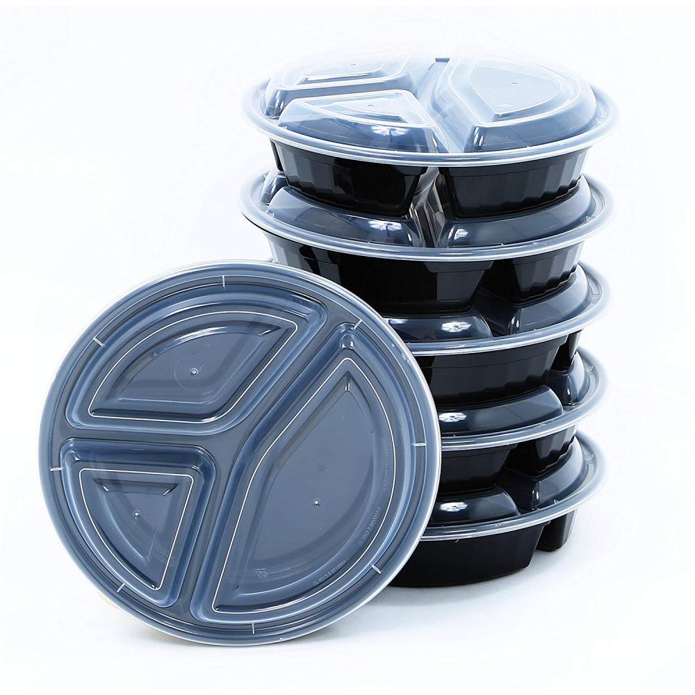 BLACK BASE ROUND 3-COMPARTMENT CONTAINER 48 OZ WITH LIDS (150 PIECES ...